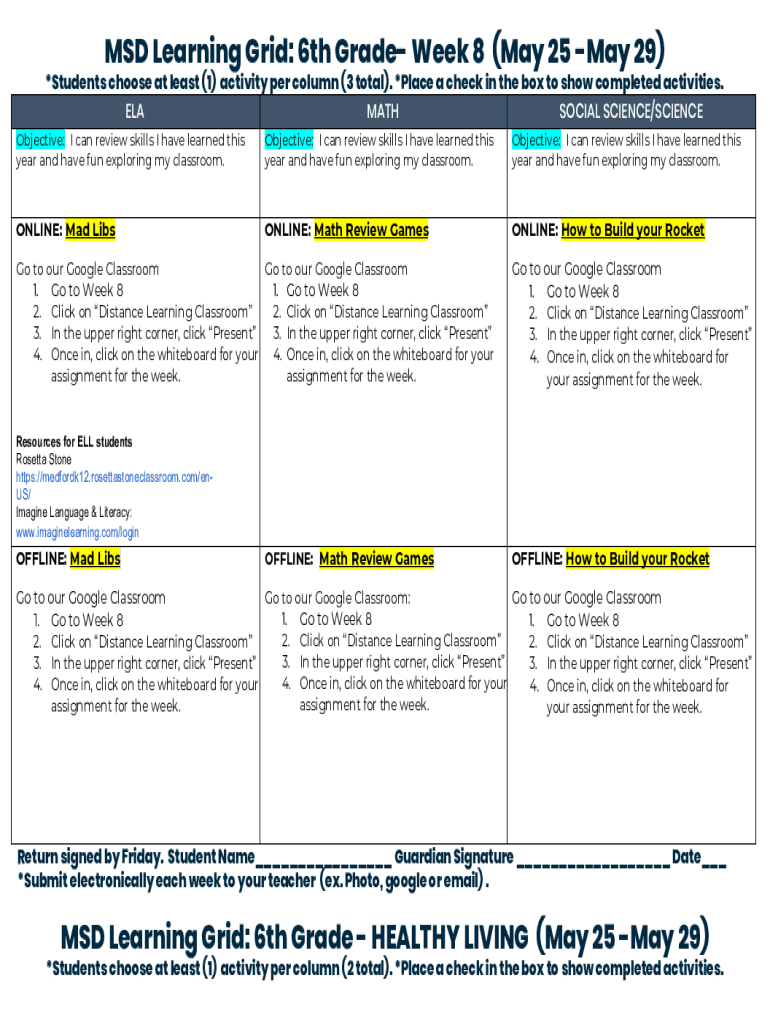 Fillable Online MSD Learning Grid: 6th Grade- Week 8 (May 25 Fax Email ...