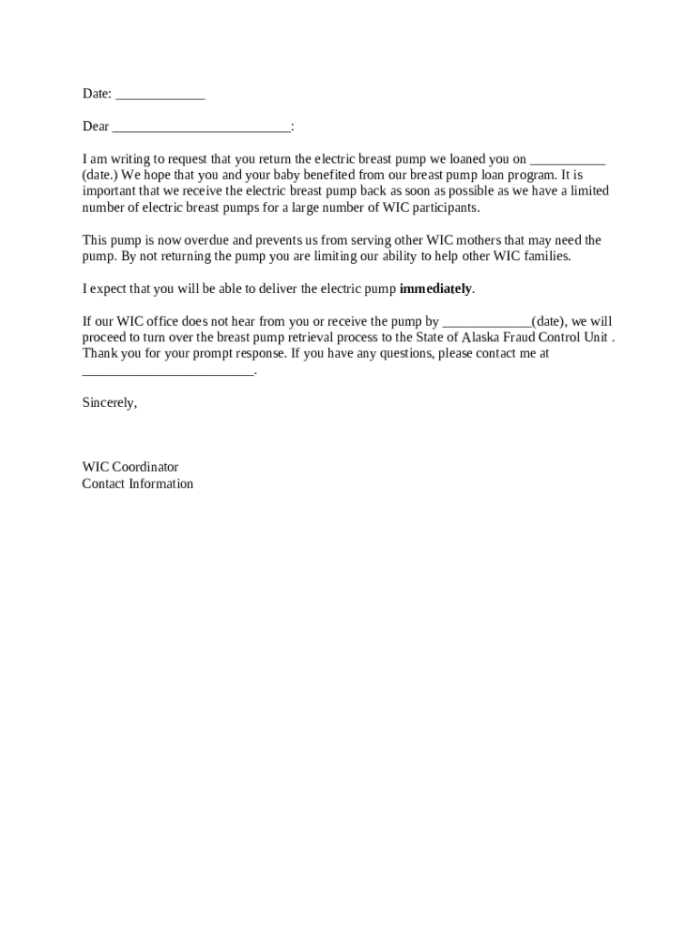 WIC Breast Pump Return Request Letter - Blank Fillable Template | Fill ...