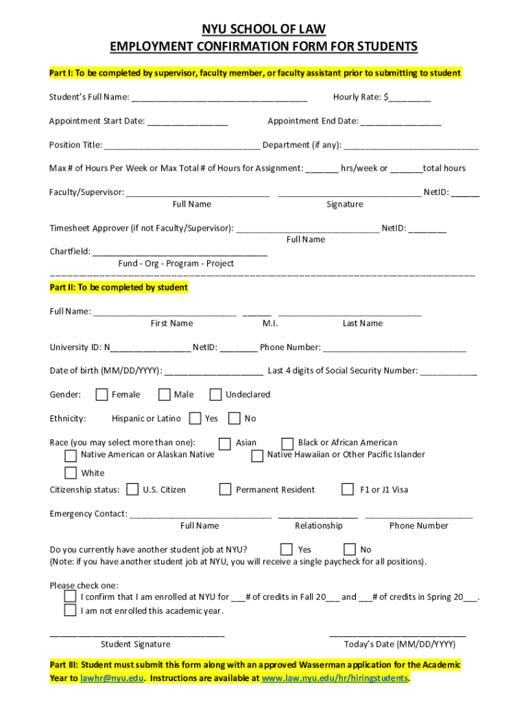 Fillable Online Employment Confirmation Form for Student Employees Fax ...