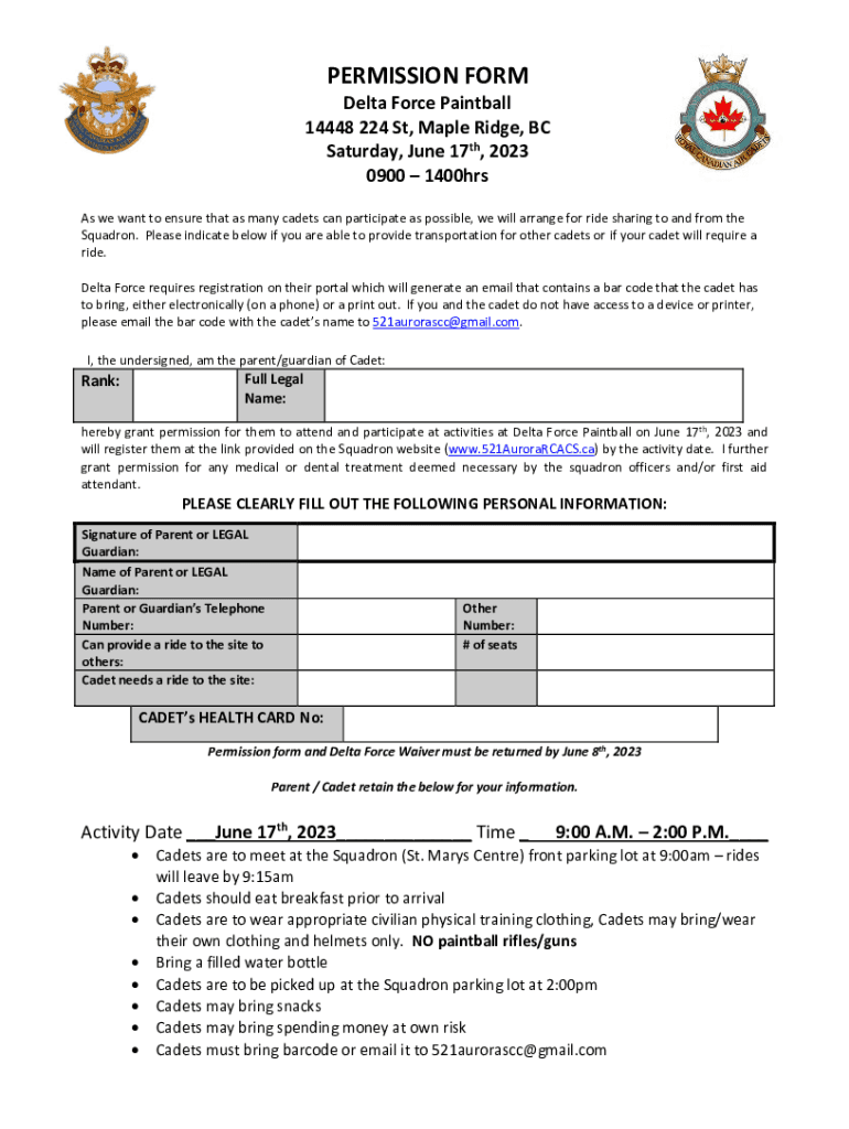 Fillable Online PERMISSION FORM - Delta Force Paintball 14448 224 St ...