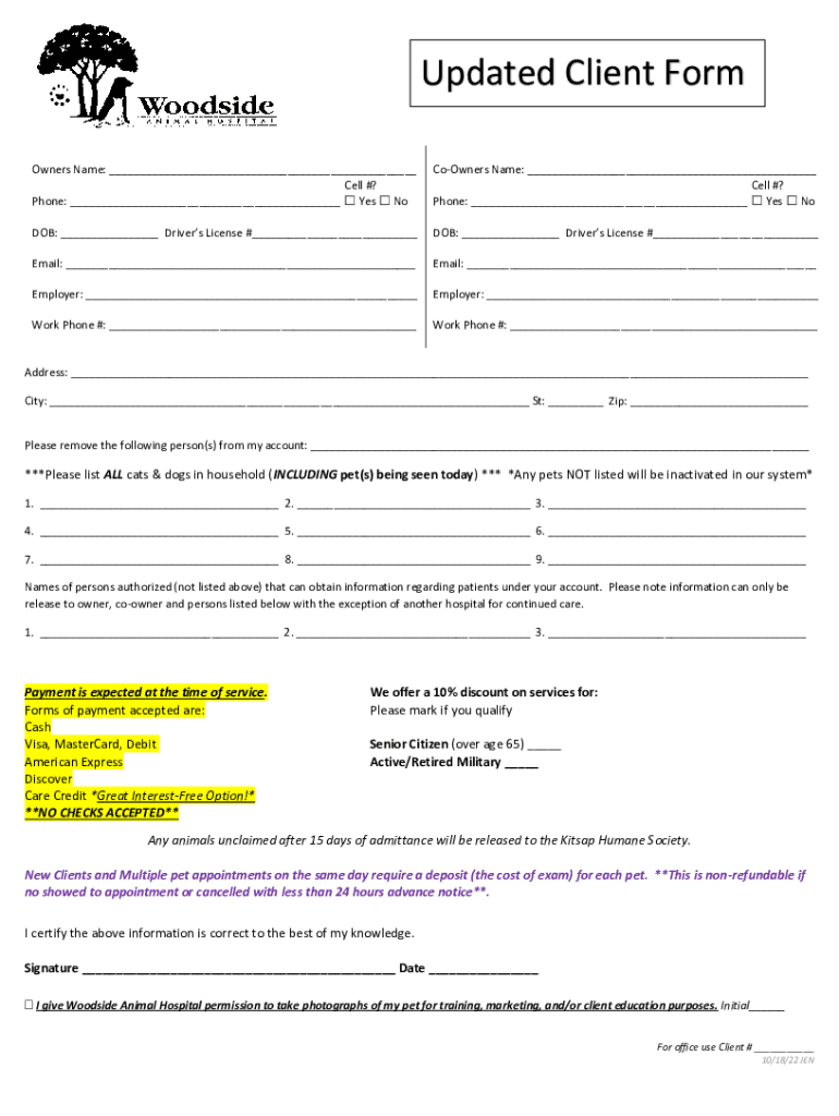 Fillable Online New Client Form - Center Line Veterinary Hospital Fax ...