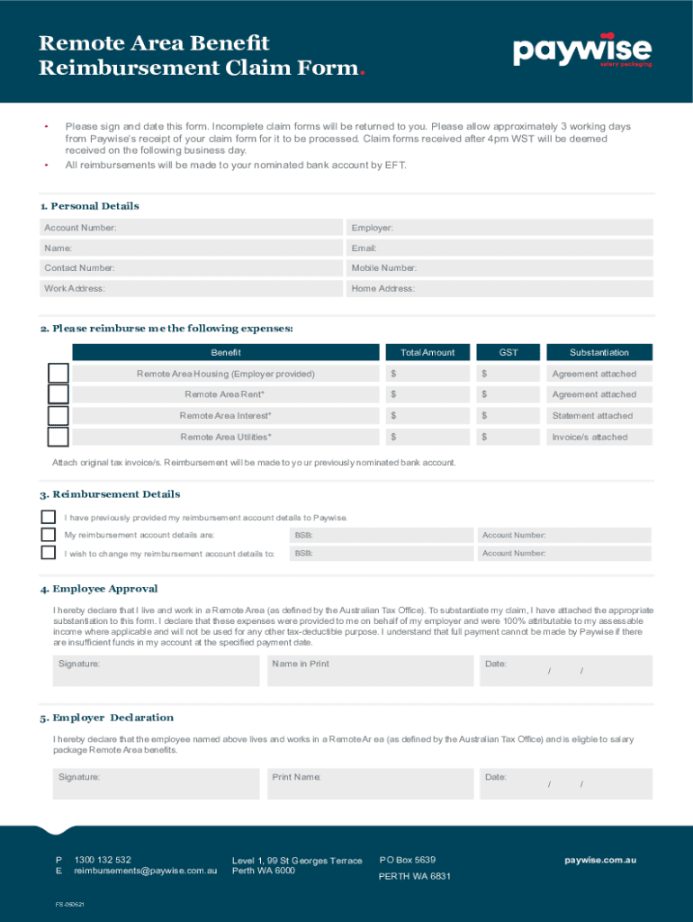 Fillable Online Remote Area Benefit Reimbursement Claim Form. Fax Email ...
