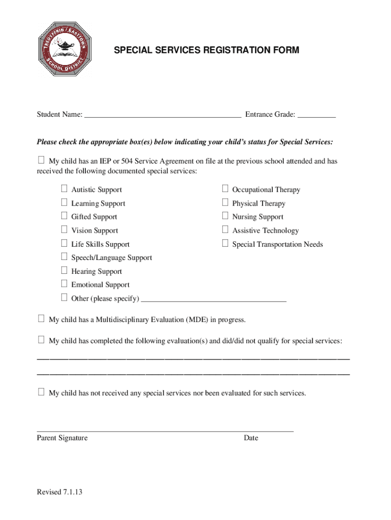 Fillable Online SPECIAL SERVICES REGESTRATION FORM Fax Email Print ...