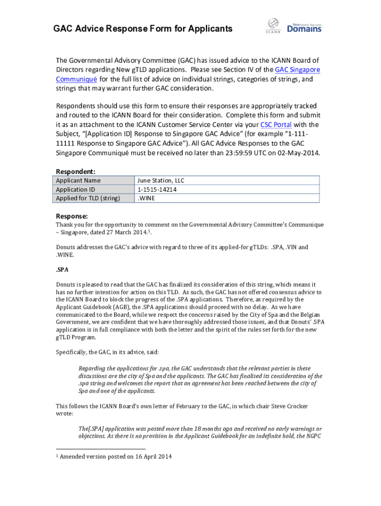 Fillable Online FINAL GAC Response Form - GAC Singapore Communique Fax ...