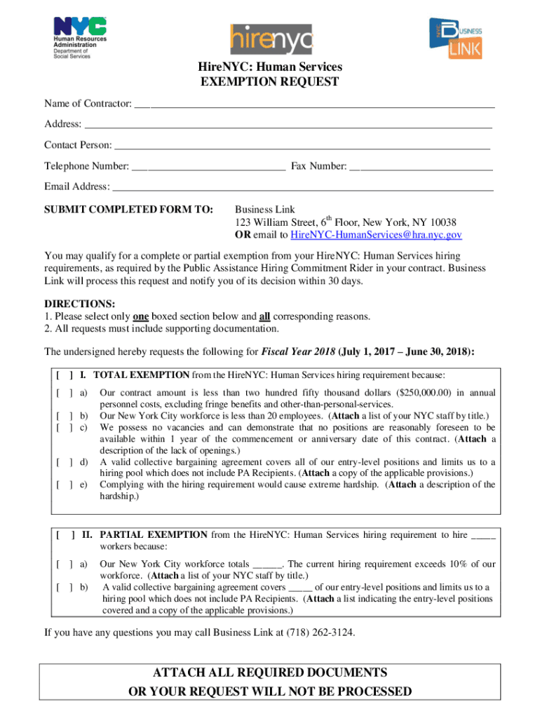 Fillable Online HireNYC: Human Services EXEMPTION REQUEST Fax Email ...
