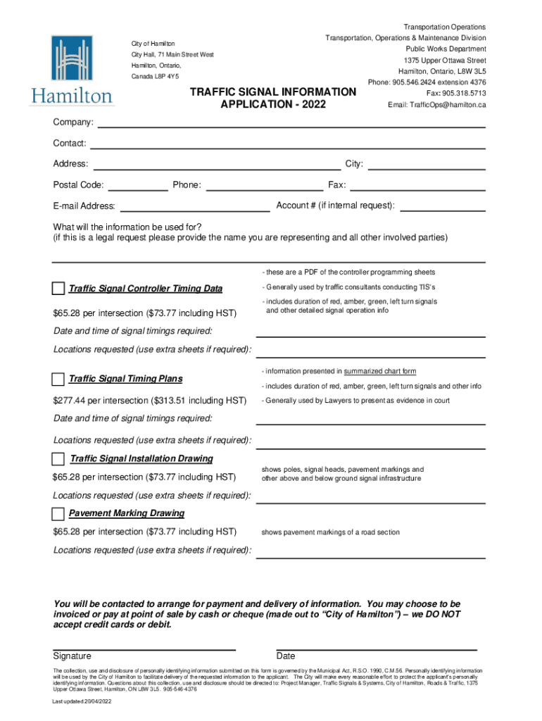 Fillable Online City of Hamilton Traffic Signal Information Application ...