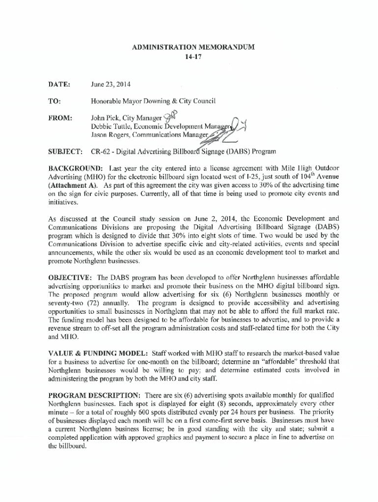 Fillable Online webdocs northglenn Adm. Memo 14-17 -Digital Advertising ...