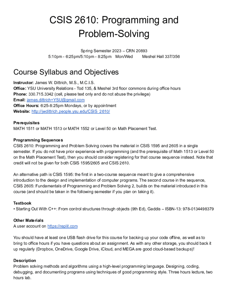 Fillable Online Csis 2610 Programming And Problem Solving Fax Email Print Pdffiller
