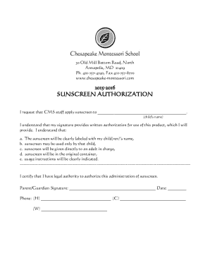 Fillable Online 2015-2016 SUNSCREEN AUTHORIZATION Fax Email Print ...