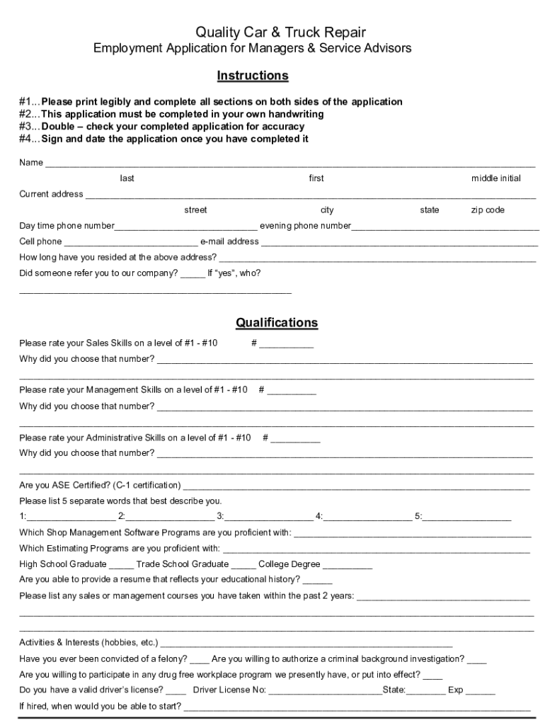 Fillable Online Employment Application for Managers rework Fax Email ...