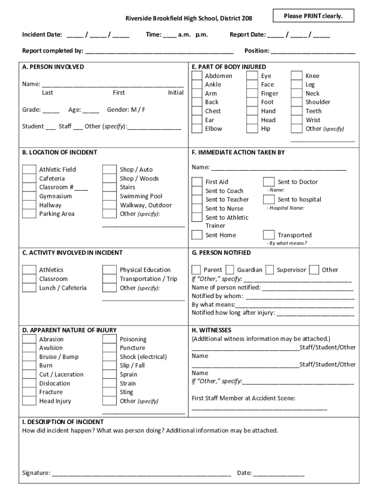 Fillable Online Riverside Brookfield High School, District 208 Incident Date Fax Email Print ...