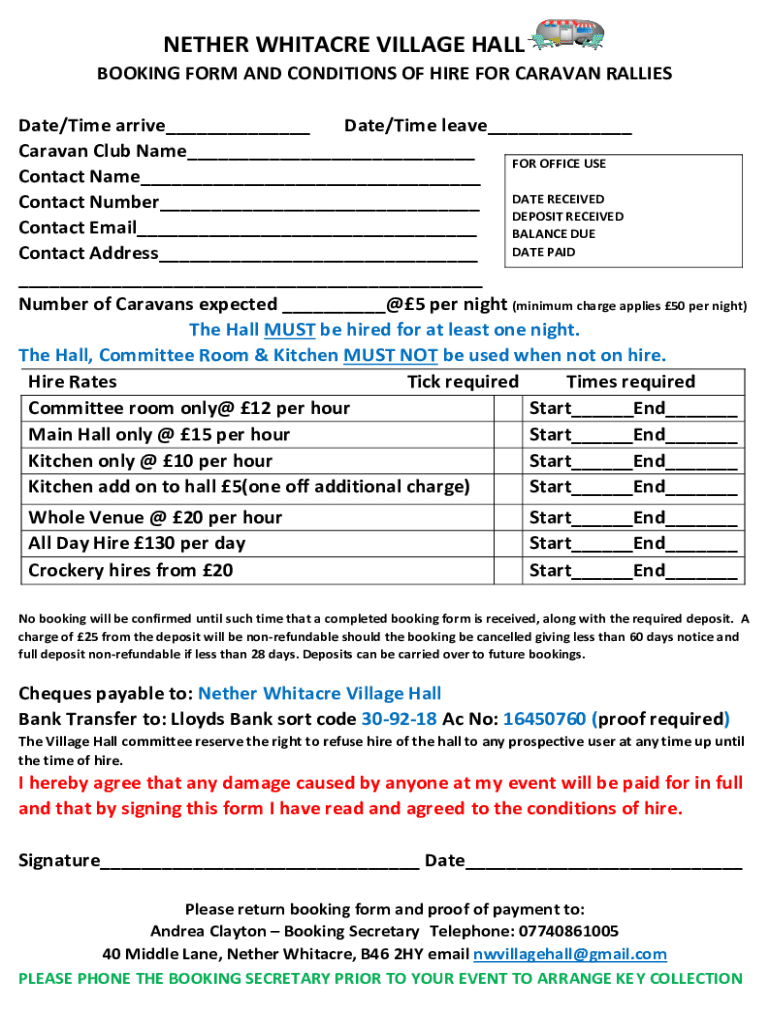 Fillable Online booking form and conditions of hire for caravan rallies ...