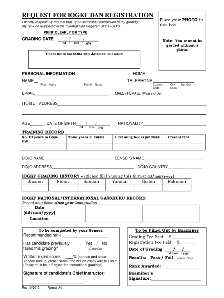 Fillable Online REQUEST FOR IOGKF DAN REGISTRATION Place Your ... Fax ...