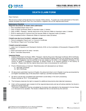 Fillable Online DEATH CLAIM FORM - Singapore Fax Email Print - pdfFiller