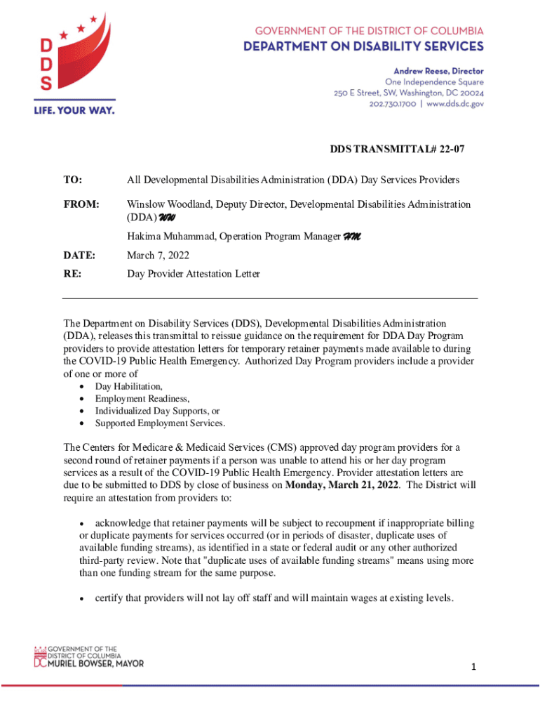 Fillable Online dds dc DDS Transmittals - Department on Disability ...