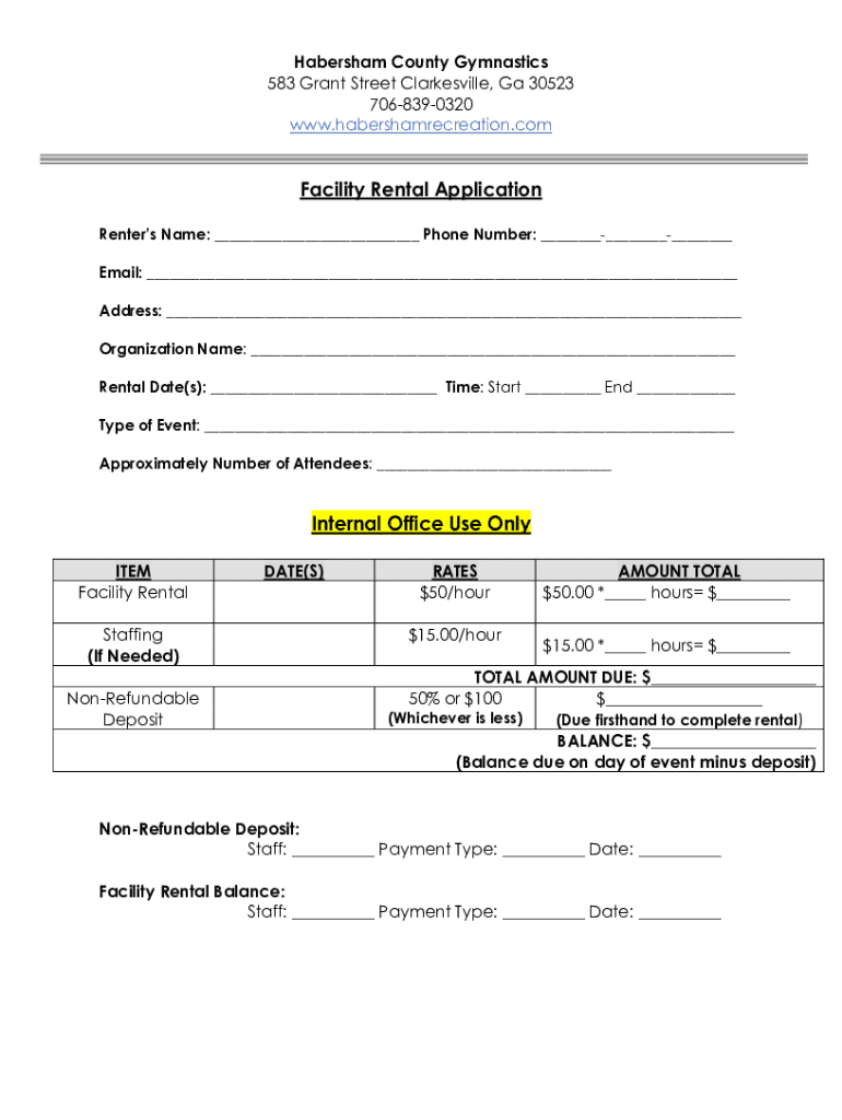 Fillable Online Facility Rental Application Internal Office Use Only ...