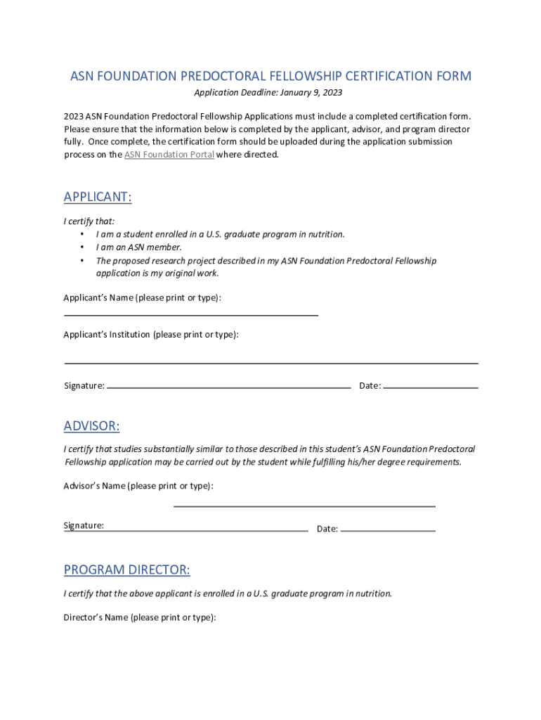 Fillable Online asn foundation predoctoral fellowship certification ...