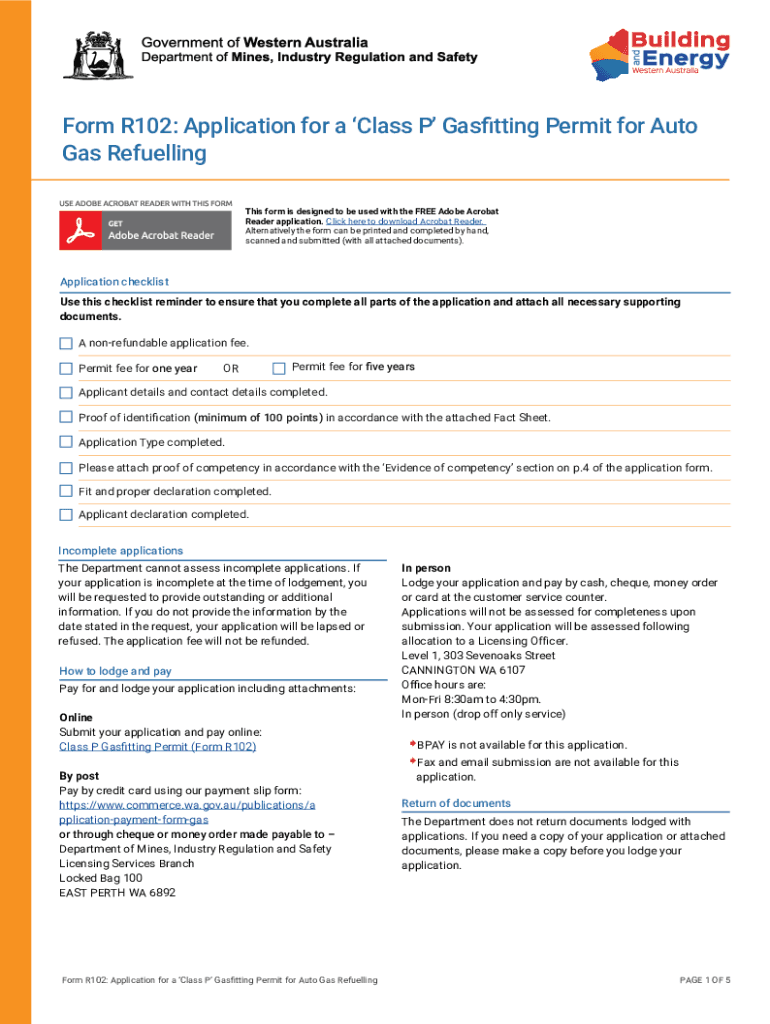 Fillable Online Form R102: Application for a 'Class P' Gasfitting Permit for ... Fax Email Print ...