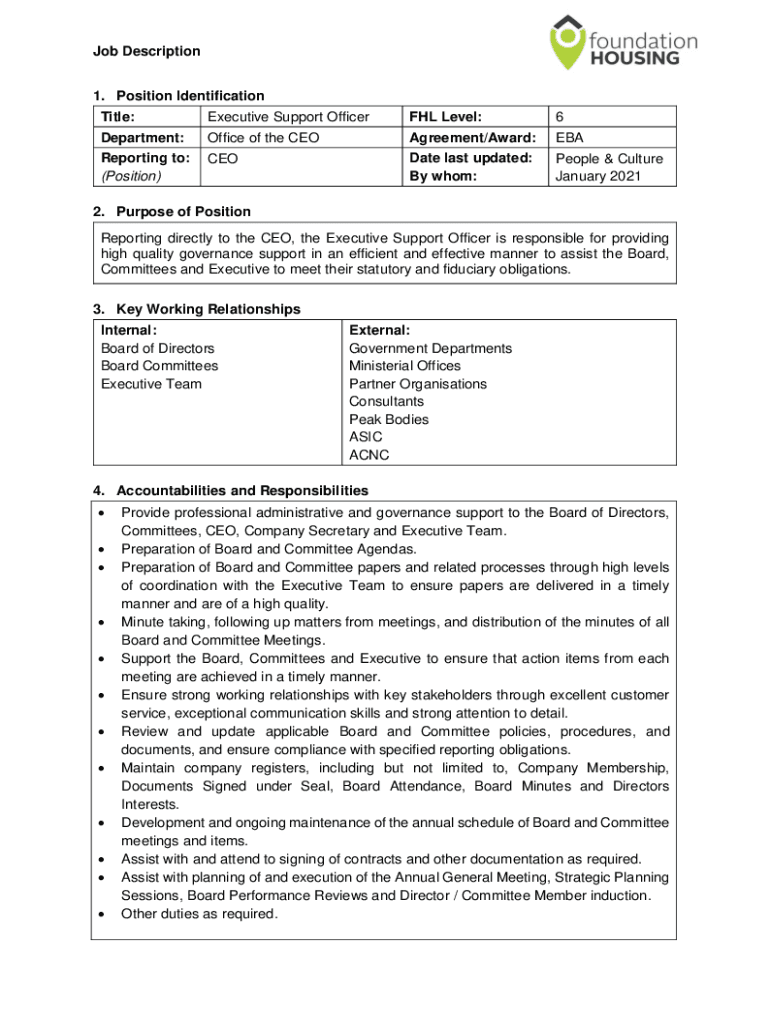 Fillable Online Executive Support Officer FHL Level: 6 Department Fax ...