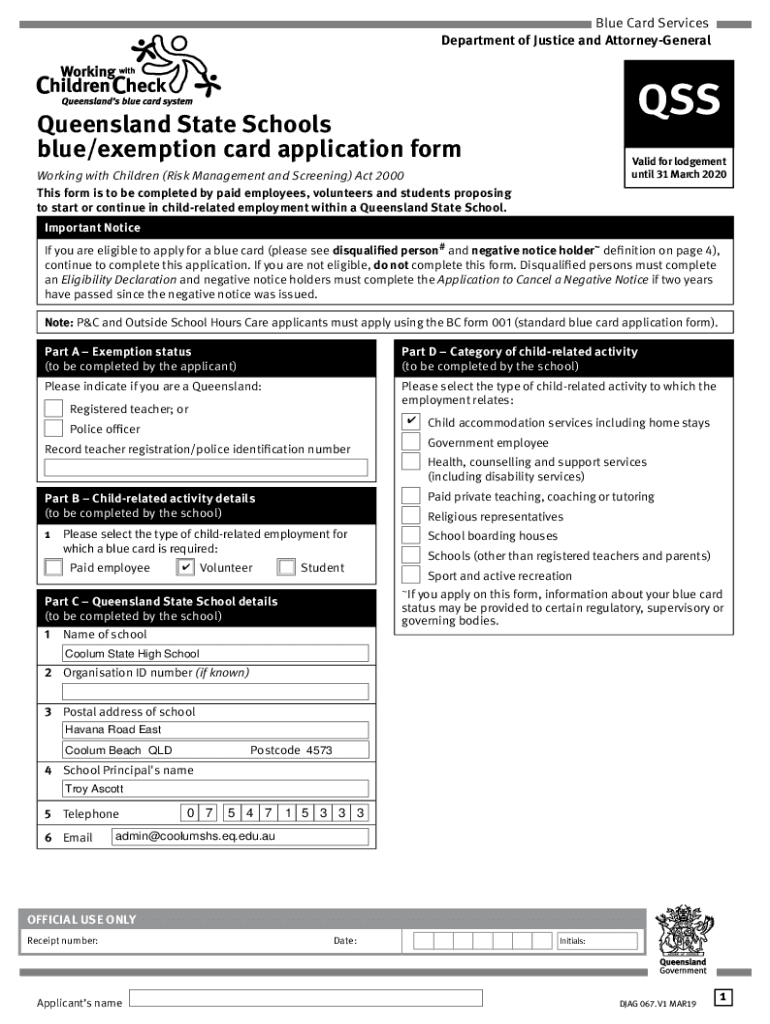 Fillable Online coolumshs eq edu QSS Blue Card Exemption Application ...