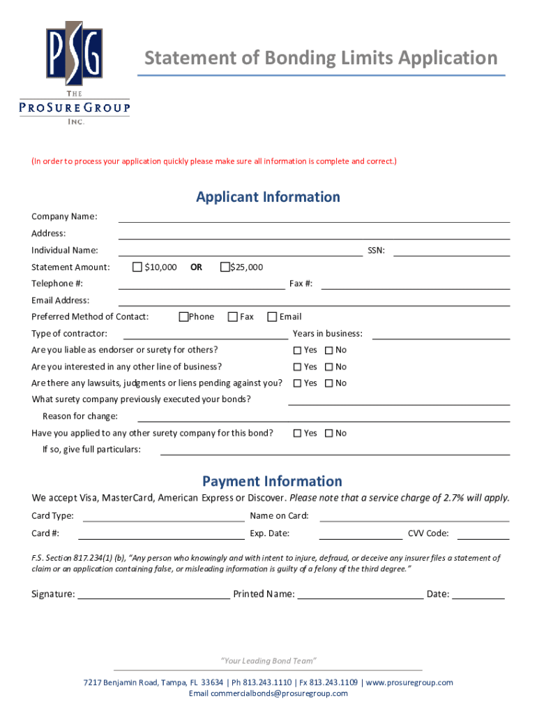 Fillable Online Statement of Bonding Limits Application Fax Email Print - pdfFiller