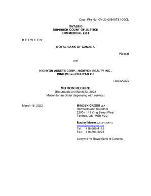 Fillable Online ONTARIO SUPERIOR COURT OF JUSTICE IN THE ... Fax Email ...