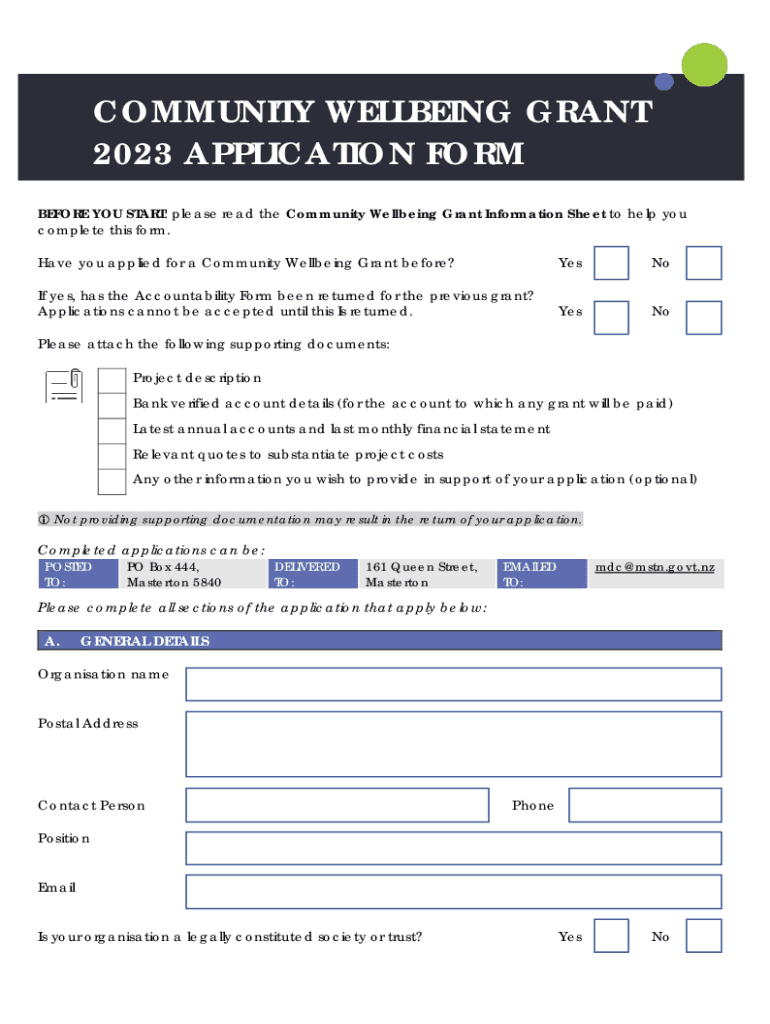 Fillable Online 2023 Community Wellbeing Grant Application Form ...