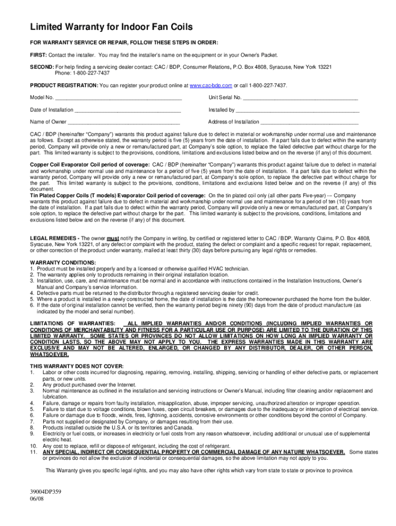 Fillable Online Limited Warranty for Indoor Fan Coils Fax Email Print ...