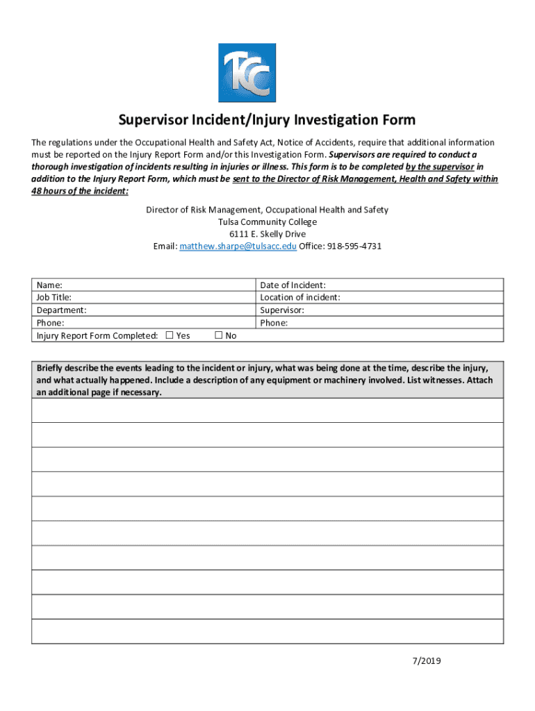 Fillable Online mycontent tulsacc Supervisor Incident/Injury ...