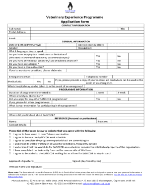 Fillable Online sanccob co Veterinary Experience Programme Application ...