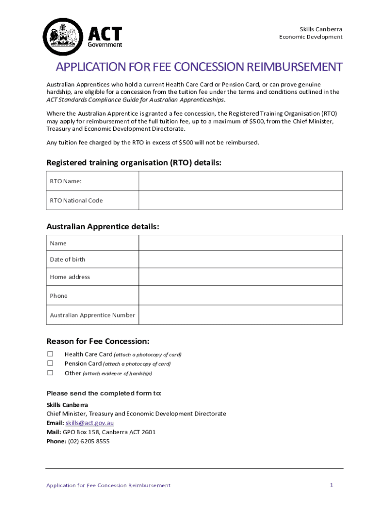 Fillable Online Application for Fee Concession Reimbursement ...