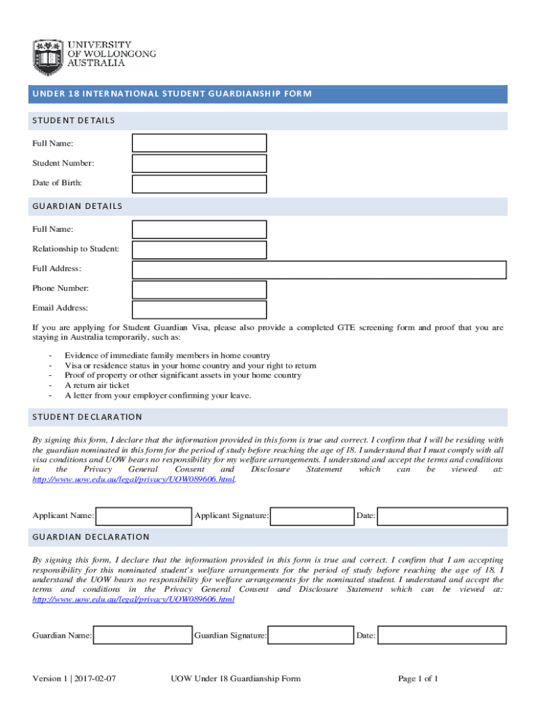 Fillable Online Under 18 International Student Guardianship Form Fax ...