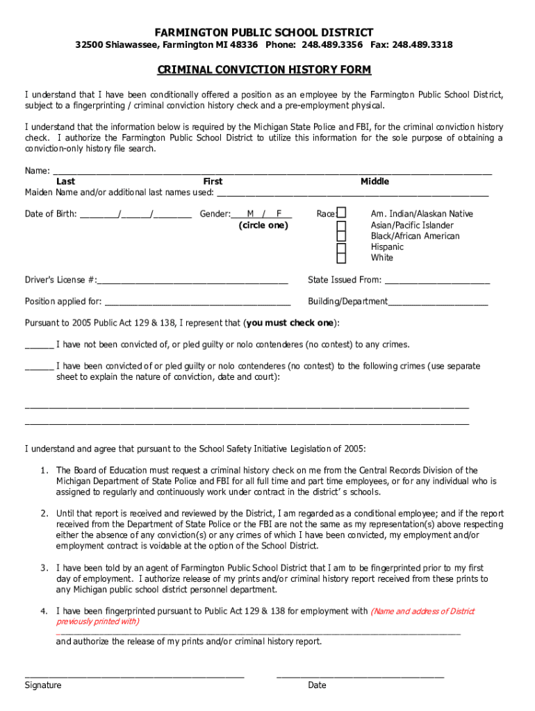 Fillable Online CRIMINAL CONVICTION HISTORY FORM Fax Email Print ...