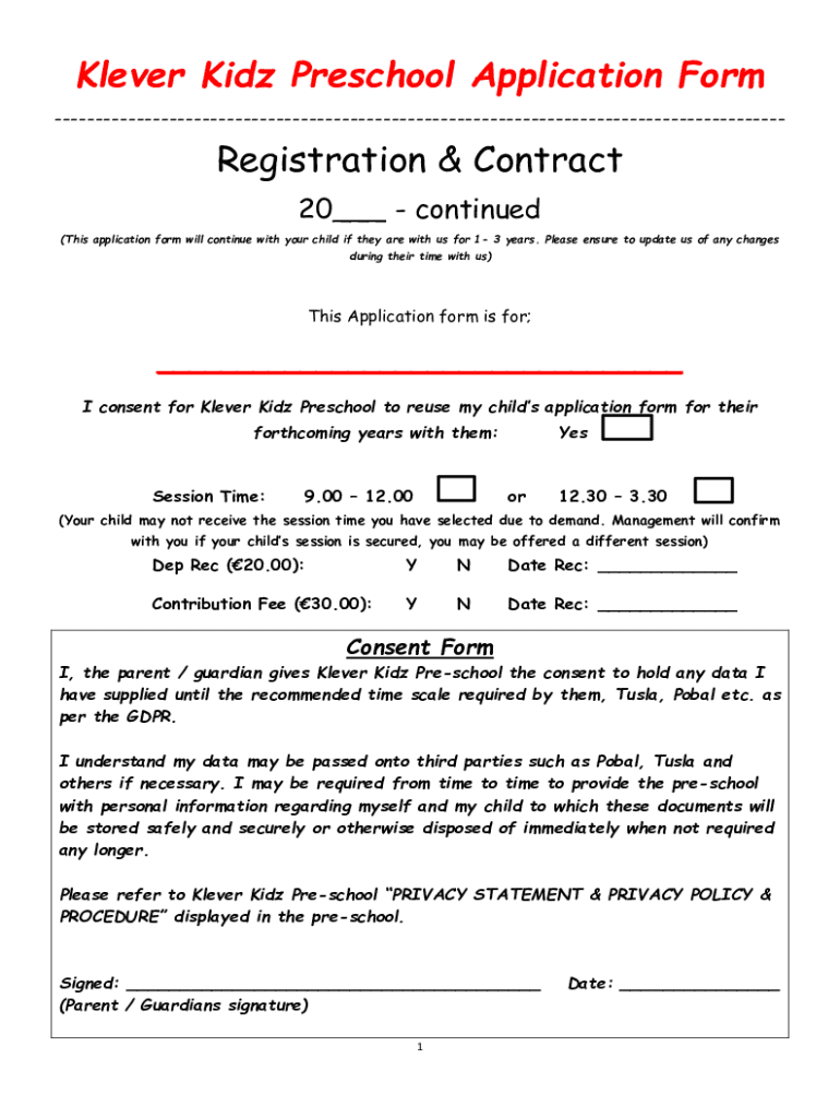 Fillable Online Klever Kidz Preschool Application Form Fax Email Print ...
