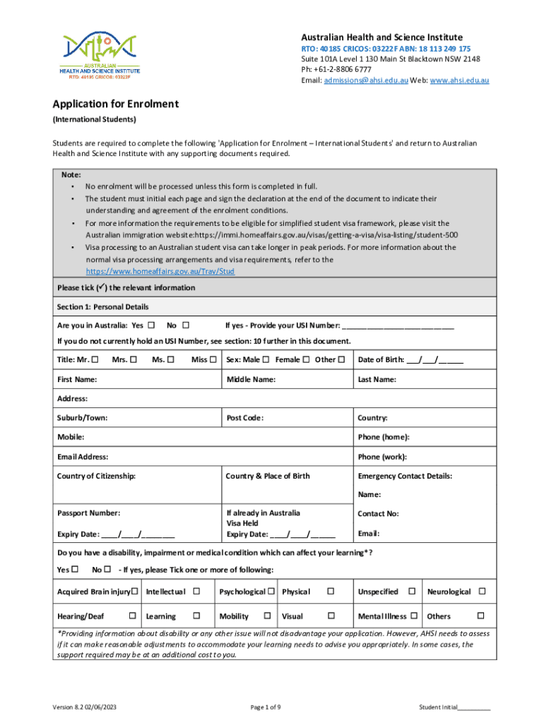 Fillable Online AHSI Application for Enrolment International Students ...