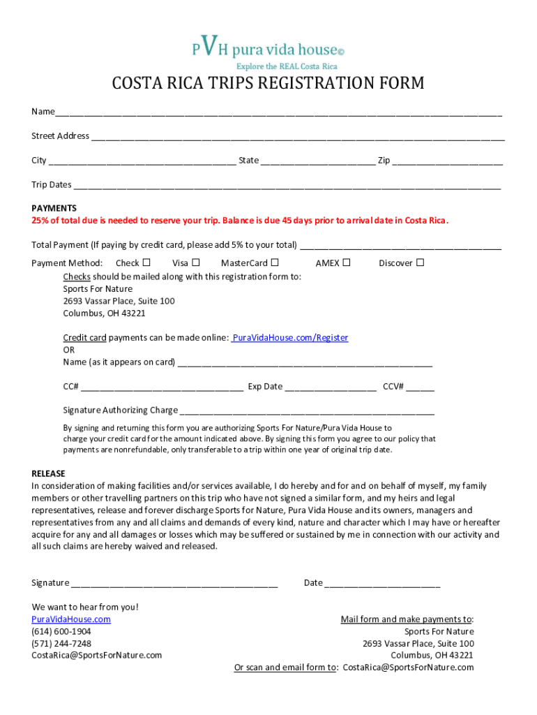 Fillable Online Participant Registration Form - Costa Rica Adventure ...