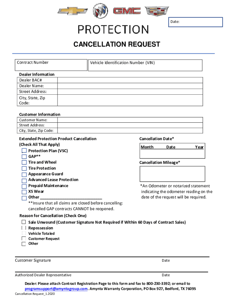 Vehicle Protection Plan Cancellation Request - Blank Fillable Template ...