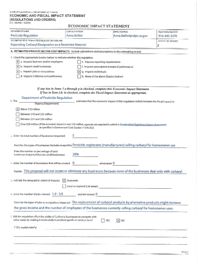 Fillable Online Economic and Fiscal Impact Statement. Economic and ...