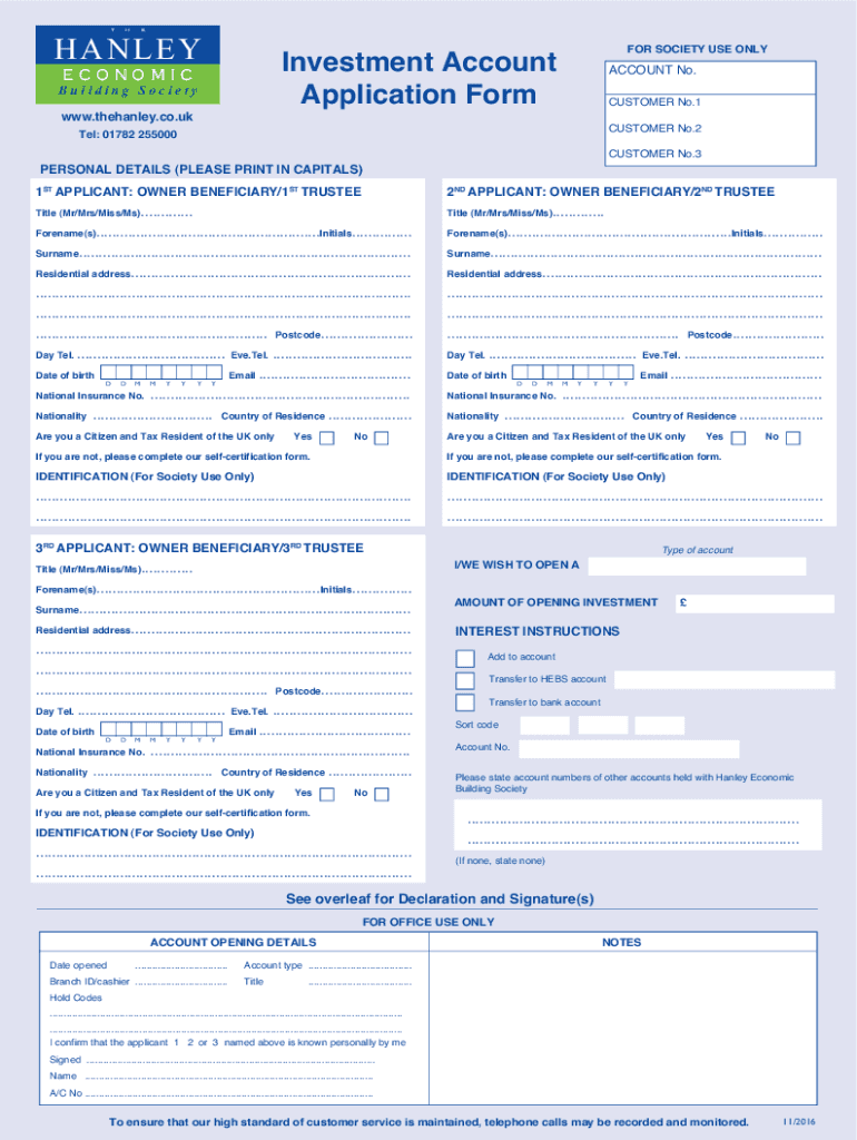 Fillable Online thehanley co Investment application form 11-161 Fax ...