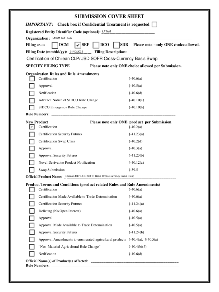 Fillable Online LatAm SEF Product Certification. CFTC Rules and Products Submission Cover Sheet ...