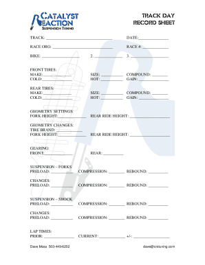 Fillable Online TRACK DAY RECORD SHEET Fax Email Print - pdfFiller