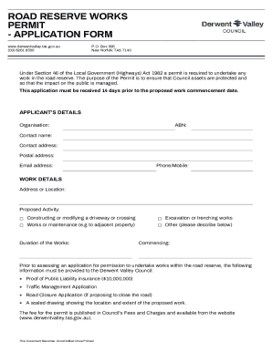 Fillable Online ROAD RESERVE WORKS PERMIT - APPLICATION FORM Fax Email ...