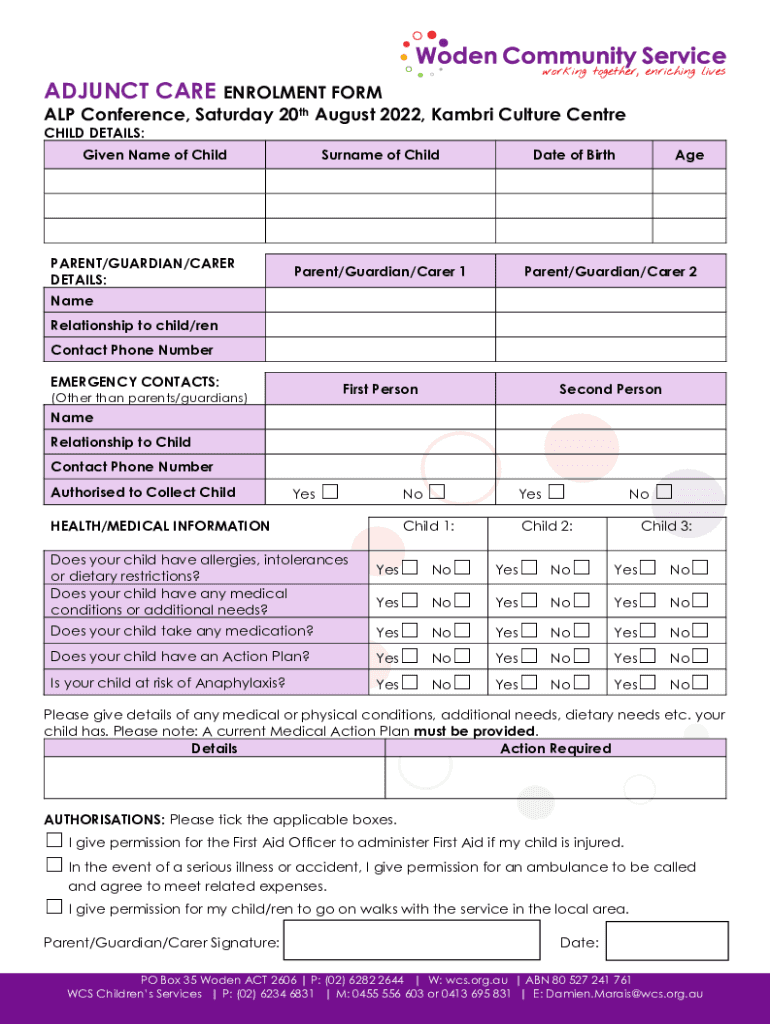 Fillable Online ADJUNCT CARE ENROLMENT FORM Fax Email Print - pdfFiller