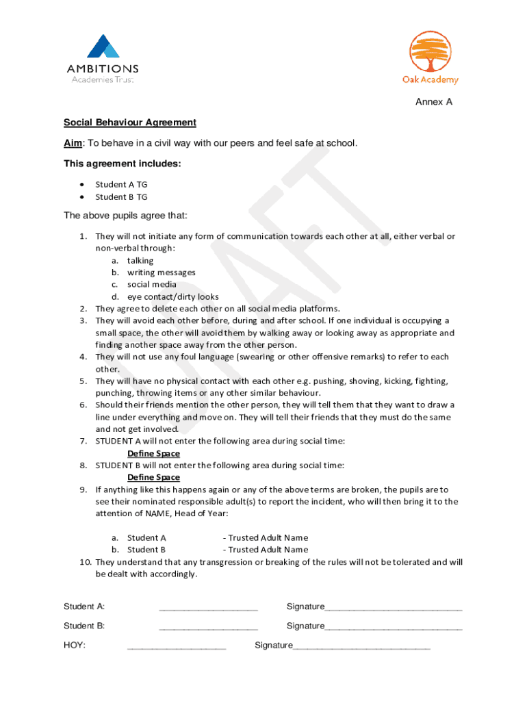 Fillable Online Annex A Social Behaviour Agreement Aim - Oak Academy Fax Email Print - pdfFiller