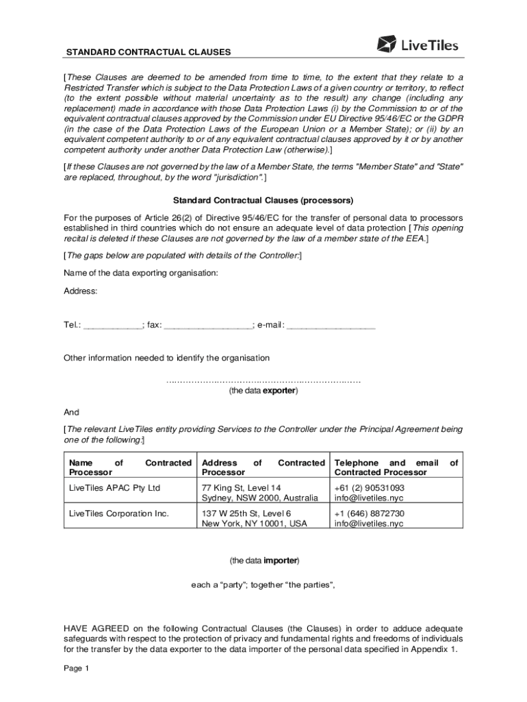 Fillable Online Standard Contractual Clauses for controllers to controllers Fax Email Print ...