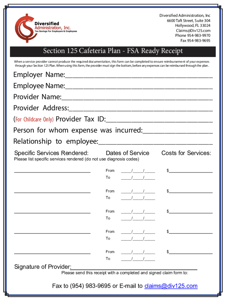 Fillable Online Section 125 Cafeteria Plan - FSA Ready Receipt Fax ...