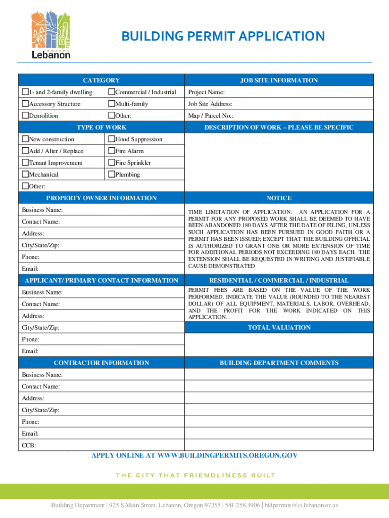 Fillable Online BUILDING PERMIT APPLICATION - City of Lebanon Oregon ...