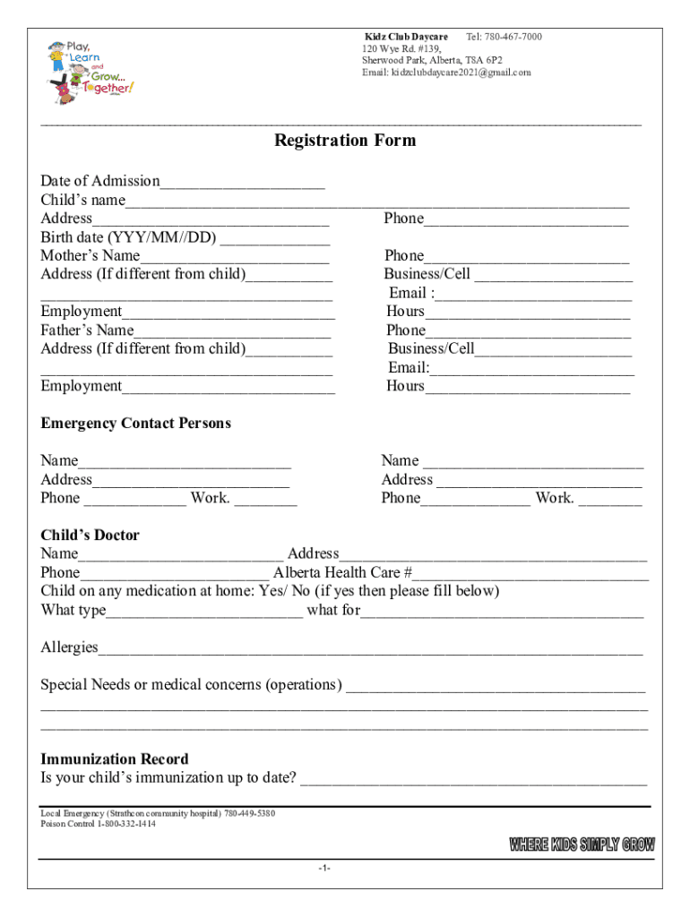 Fillable Online Registration Form - Kidz Club Daycare Fax Email Print - pdfFiller