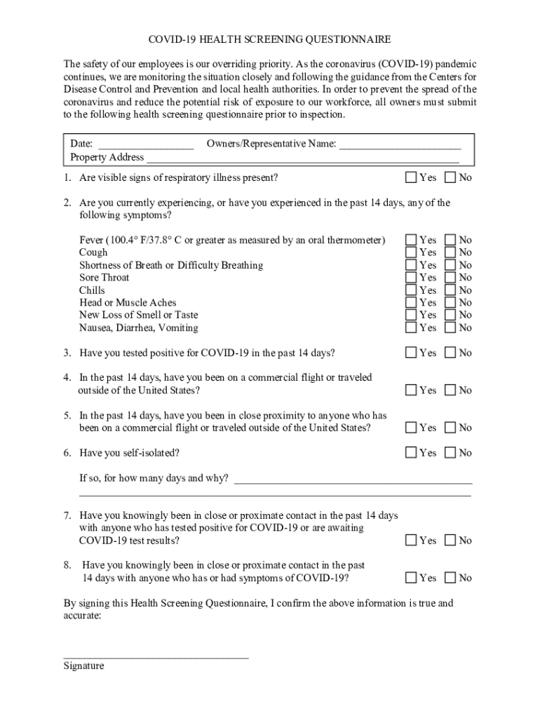 Fillable Online Employee COVID-19 Health Screening Questionnaire - Sine Fax Email Print - pdfFiller