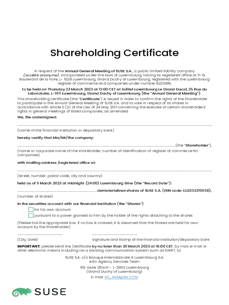 Fillable Online Shareholding Certificate Fax Email Print - pdfFiller